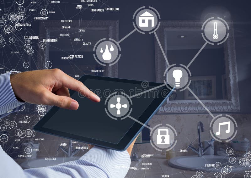 Hand Holding Tablet with Smart Home Interface and Connectors Stock ...