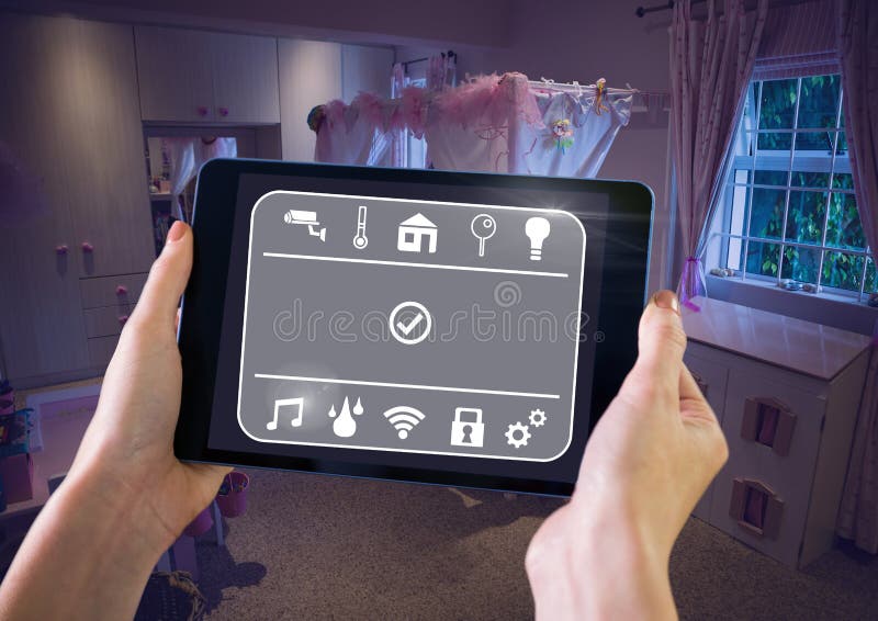 Hand Holding Tablet with Smart Home Interface at Home Stock Photo ...