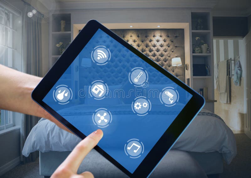 Hand Holding Tablet with Smart Home Interface at Home Stock Photo ...