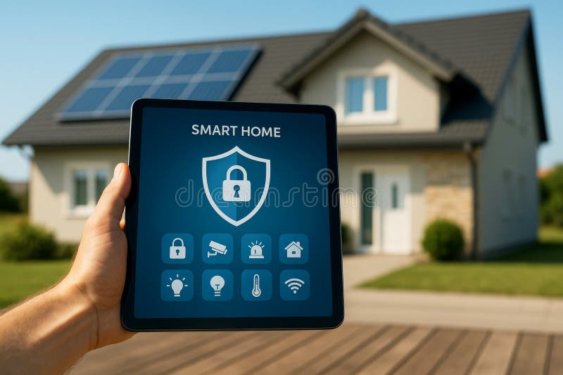 Hand Holding Tablet with Smart Home Interface, Modern House with Solar ...