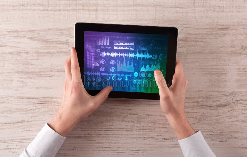 Hand Holding Tablet with Sound Design Concept Stock Image - Image of ...