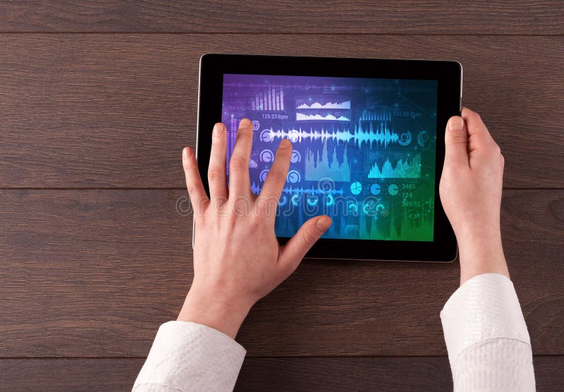Hand Holding Tablet with Sound Design Concept Stock Photo - Image of ...