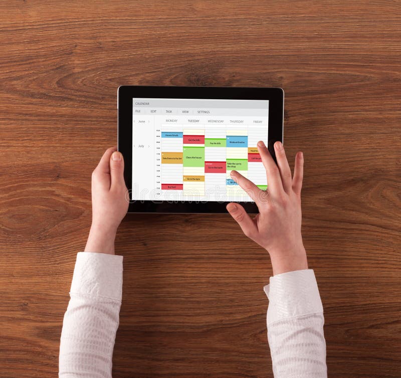 Hand Holding Tablet with Timetable Concept Stock Photo - Image of edit ...