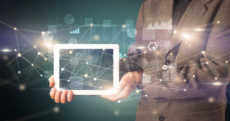 Hand Holding Tablet with Virtual Database Concept Stock Image - Image ...