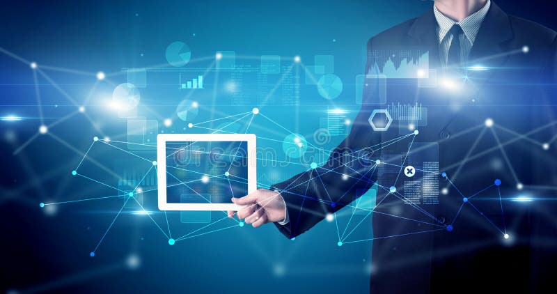 Hand Holding Tablet with Virtual Database Concept Stock Image - Image ...