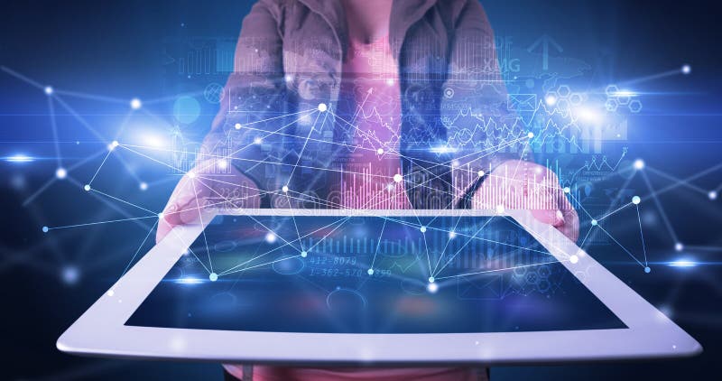 Hand Holding Tablet with Virtual Database Concept Stock Image - Image ...