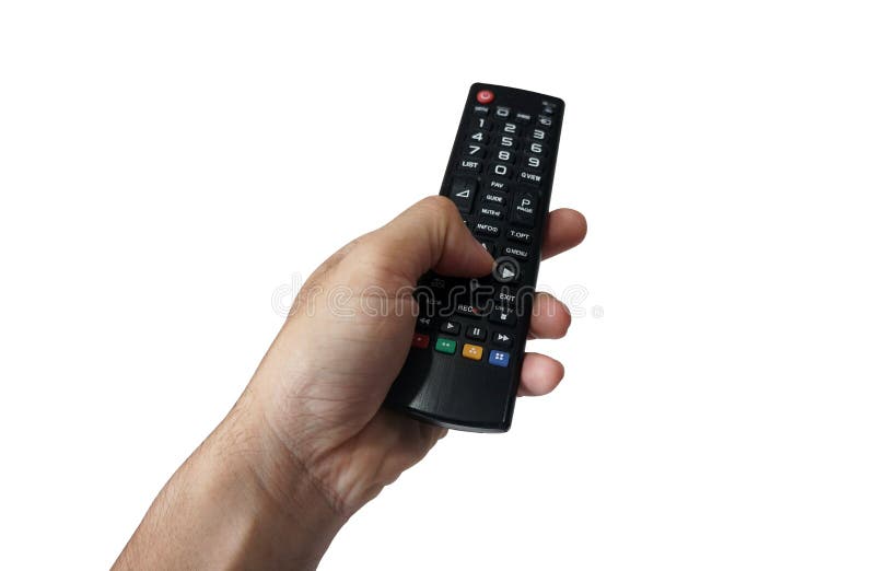 A Hand Holding a Television Remote Control on a White Background. Thumb ...