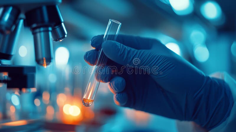 Hand Holding Test Tube in Lab with Microscope Stock Photo - Image of ...