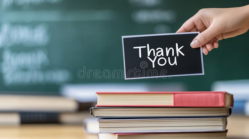 A Hand Holding a Thank You Card Over a Stack of Books in Front of a ...