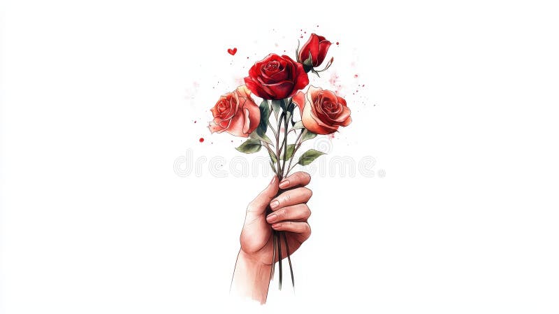 Hand Holding Three Roses with Heart Detail on White Background Stock ...