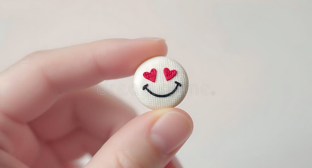Hand Holding Tiny Round Button with Heart Eyes and Smile Face Stock ...