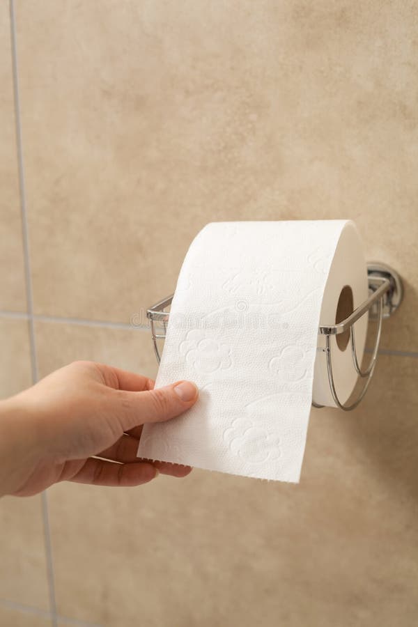 Hand Holding Toilet Paper Roll in Holder Stock Image - Image of person ...