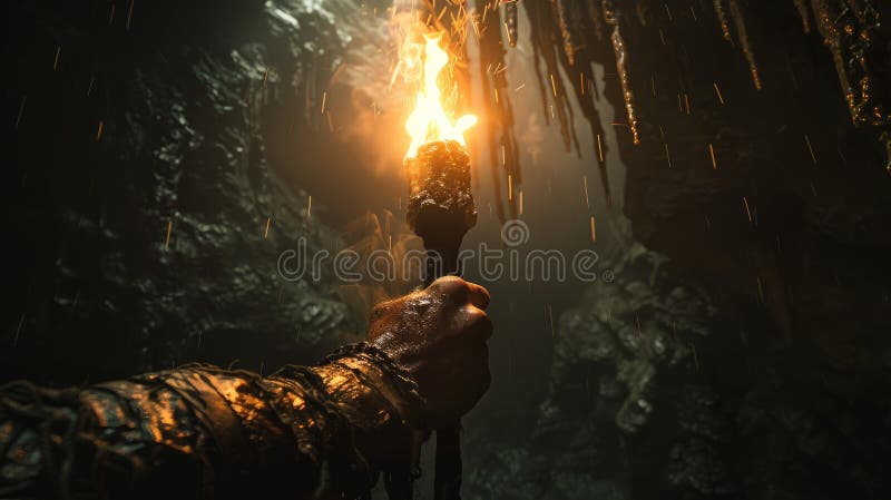 Hand Holding a Torch in a Cave Stock Image - Image of stalactites, fire ...