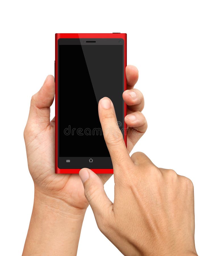 Hand Holding and Touch on Red Smartphone Stock Photo - Image of ...