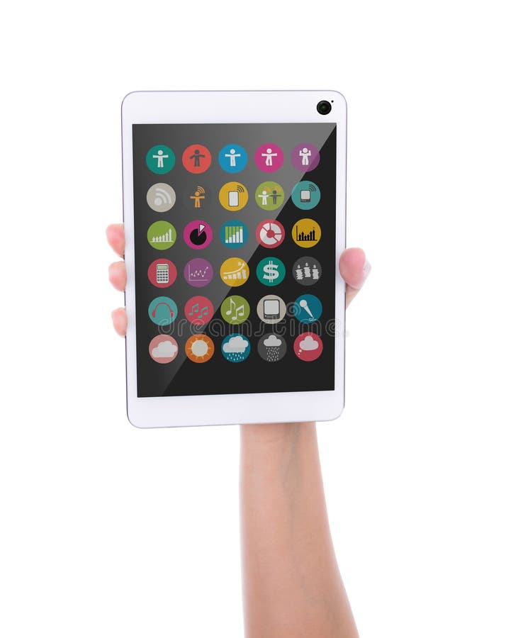 Hand Holding Touch Screen Device with Colorful Application Icons Stock ...