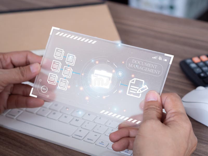 Hand Holding Transparent Cell Phone Shows the Virtual Screen with Icon ...