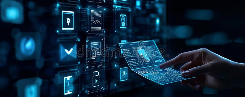Hand Holding Transparent Holographic Screen with Data and Graphs ...