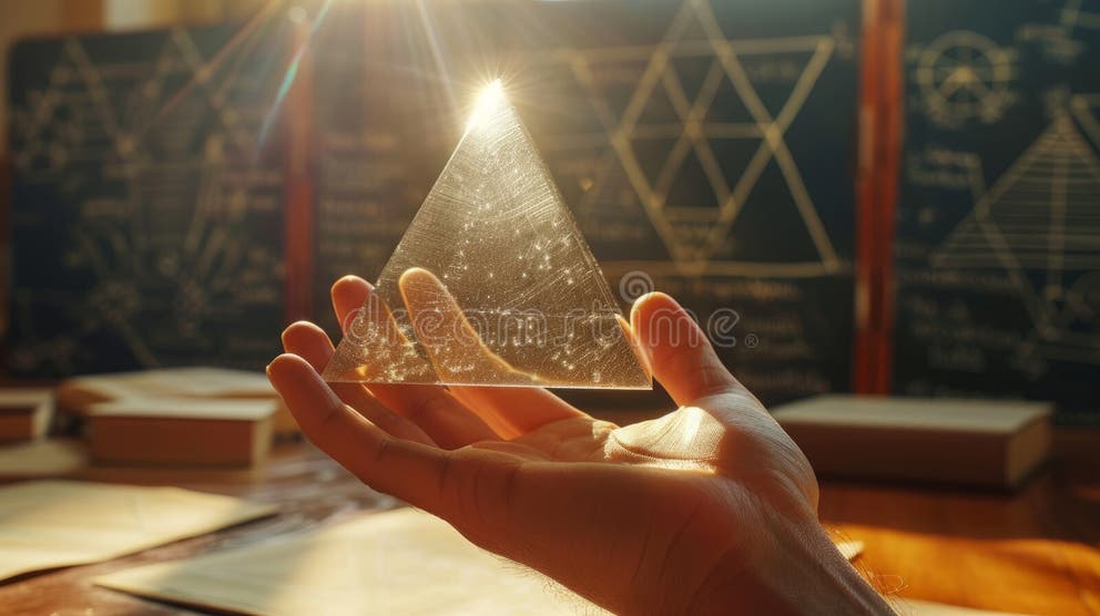 Hand Holding a Transparent Pyramid with Light Stock Photo - Image of ...