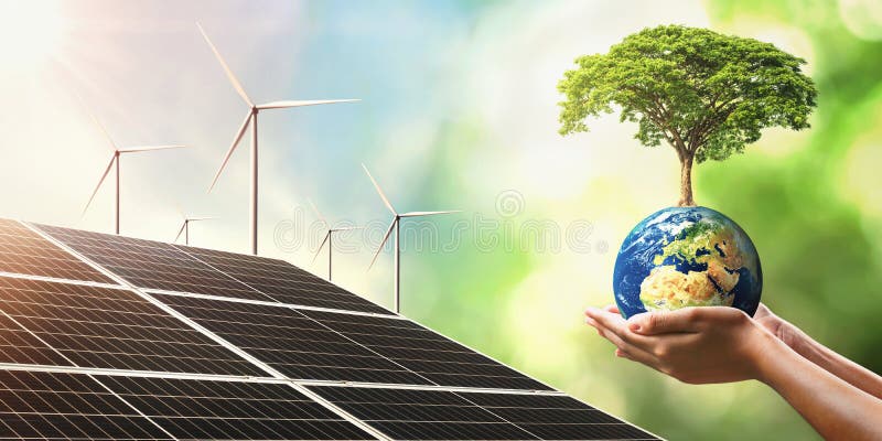 Hand Holding Tree Growing on Globe with Solar Cell and Turbine. Concept ...
