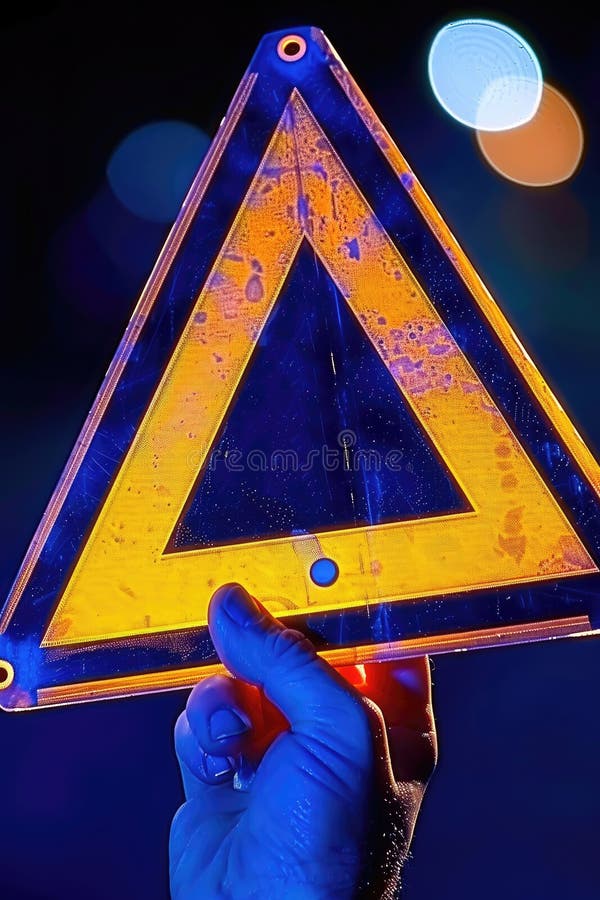 A Hand Holding a Triangular Sign with a Yellow and Blue Stripe Stock ...