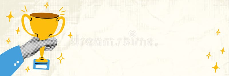 Hand Holding Trophy Cup Halftone Collage Banner Vector Illustration