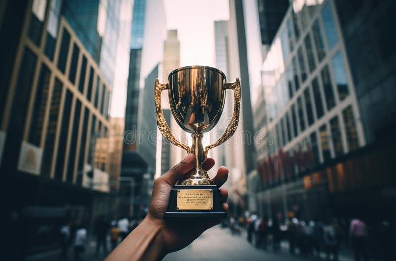 Hand Holding a Trophy in Front of a Building Stock Illustration ...
