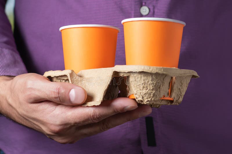 Hand Holding Two Cardboard Cups with Coffe. Fast Food Stock Photo ...