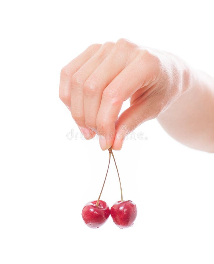 Hand Holding Two Cherries on White Background Stock Photo - Image of ...