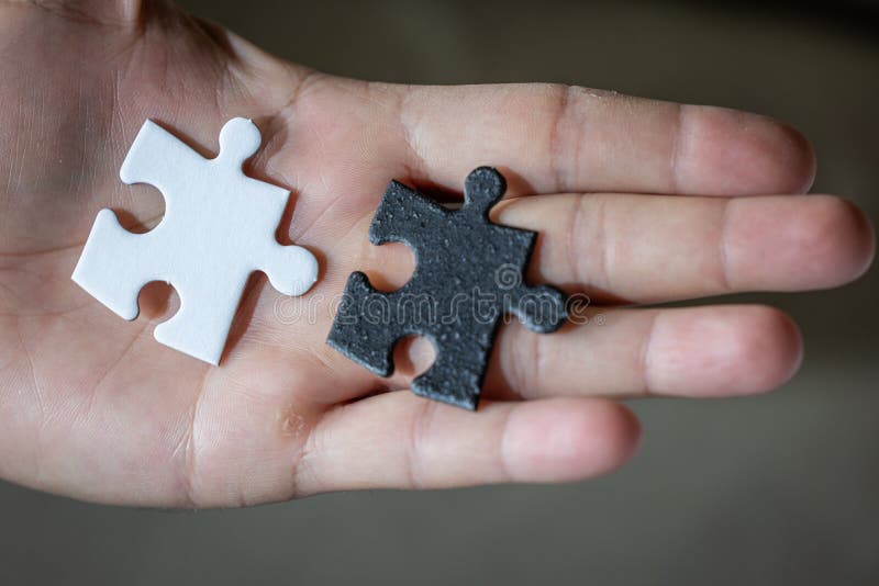 Hand Holding Two Puzzle Pieces One White Black Difficult Choice Stock ...