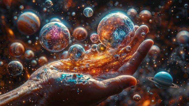 Hand holding the universe stock illustration. Illustration of surreal ...