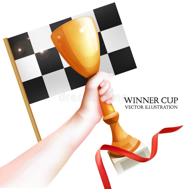 Hand Holding Up Trophy Vector Winner Cup Illustration With Red Winner