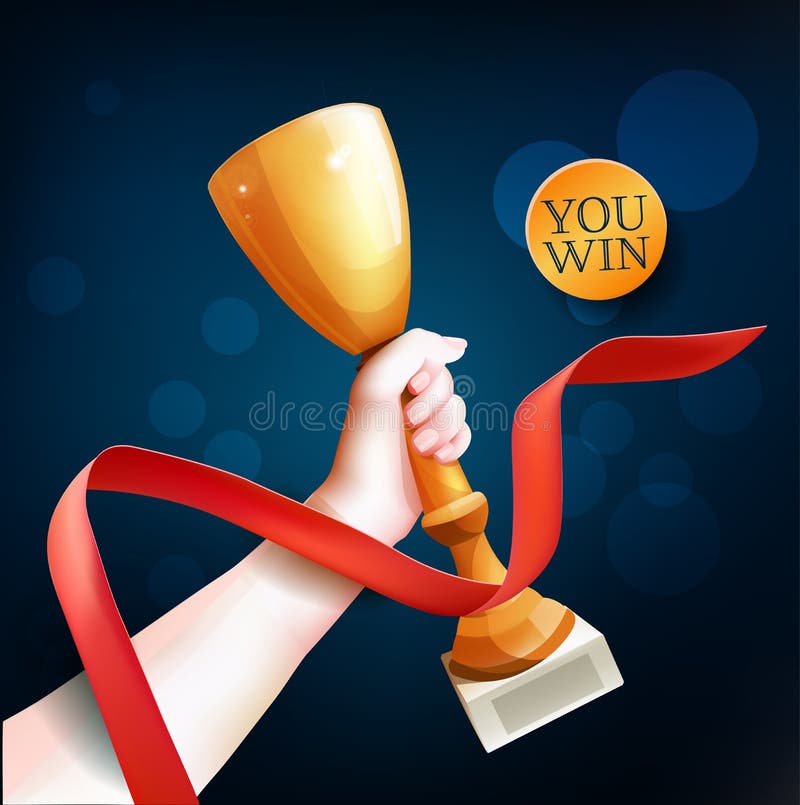 Hand Holding Up Trophy. Vector Winner Cup Illustration. Red Ribbon ...