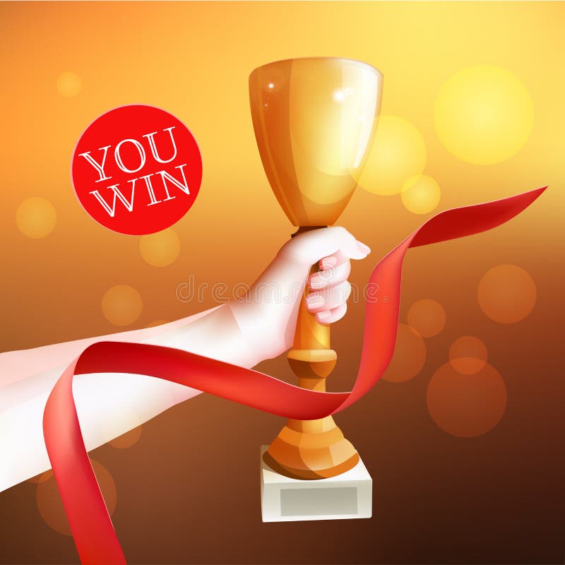 Hand Holding Up Trophy. Vector Winner Cup Illustration with Red Ribbon ...