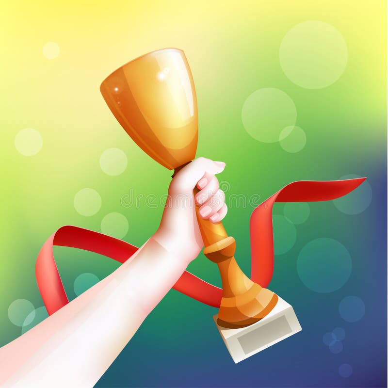 Hand Holding Up Trophy. Vector Winner Cup Illustration. Red Ribbon ...