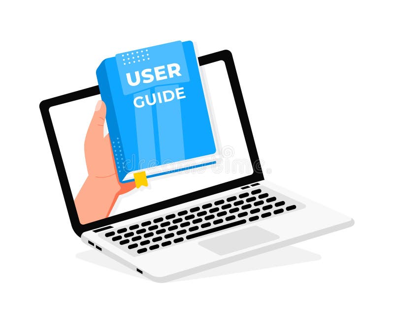 Hand Holding User Guide Book Coming Out of Laptop Screen Stock Vector ...