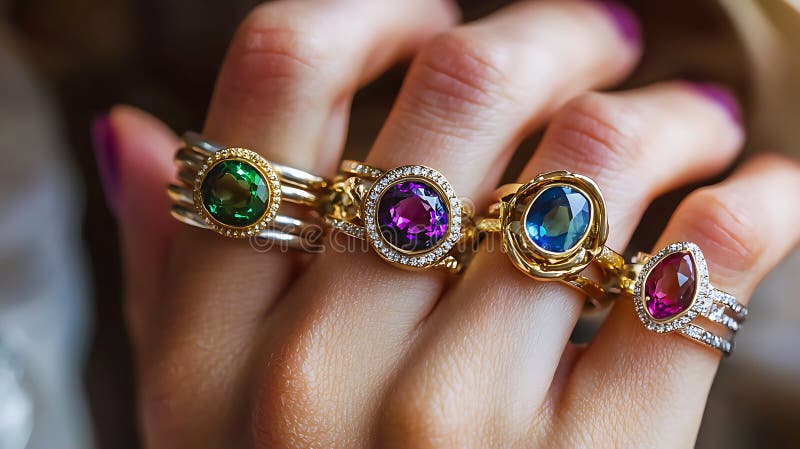 A Hand Holding a Variety of Rings, Including a Green Gemstone, a Blue ...