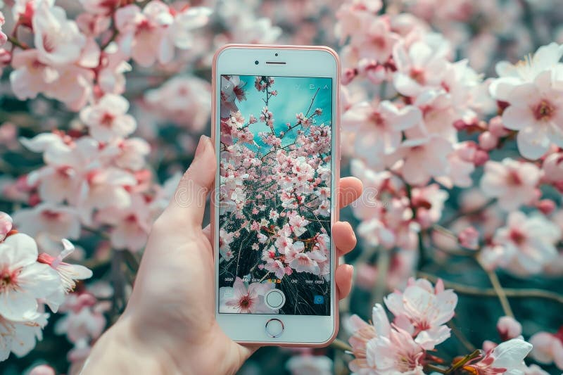 Hand Holding Vibrant Flower Bouquet Emerging from Smartphone Screen ...