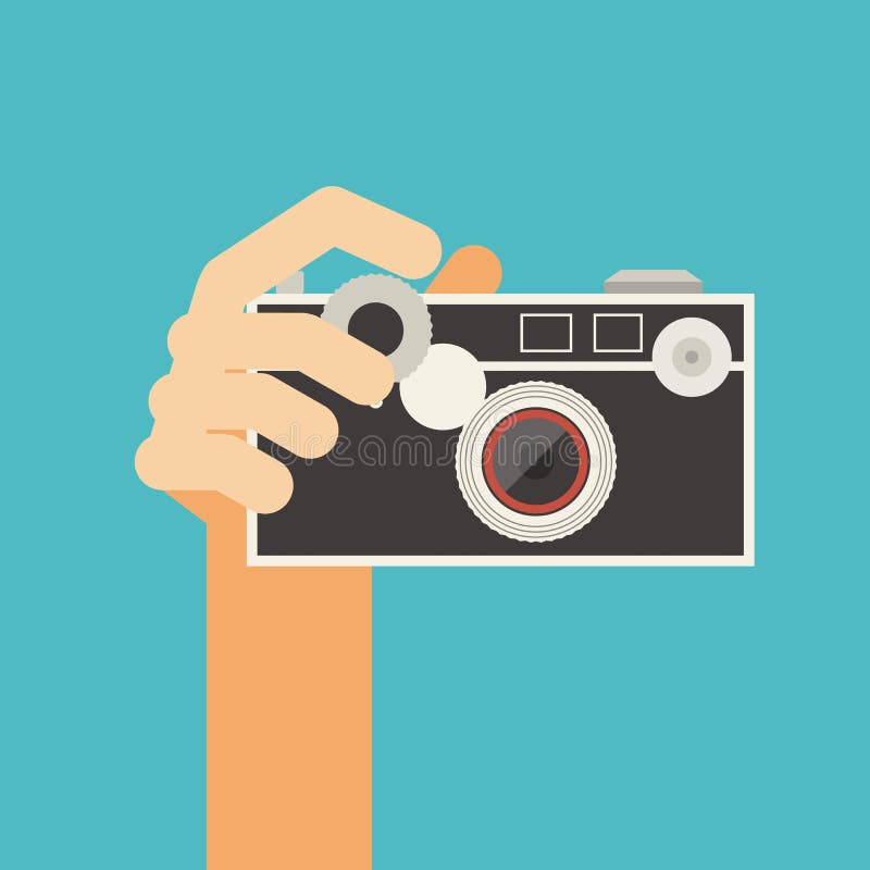 Hand Holding Vintage Camera on Blue Background Stock Vector ...