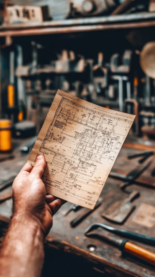 Hand Holding Vintage Engineering Blueprint in Workshop Stock ...