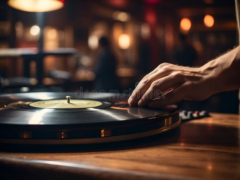A Hand Holding a Vinyl Record in the Background, Listening Bar, a DJ ...