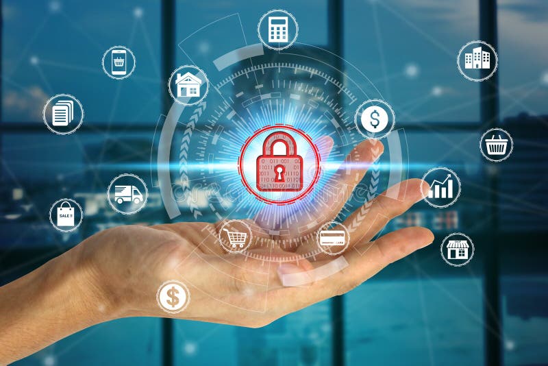 Hand Holding with Virtual Padlock Icon Over the Network Connection ...