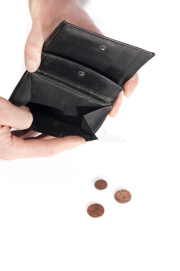 Hand Holding a Wallet almost Empty, with a Few Coins, Isolated on White ...