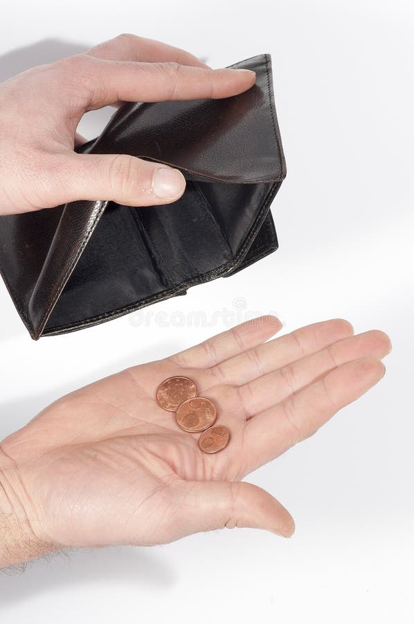 Hand Holding a Wallet almost Empty, with a Few Coins, Isolated on White ...