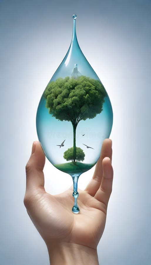 Hand Holding Water Drop with Sprouting Tree Stock Photo - Image of ...
