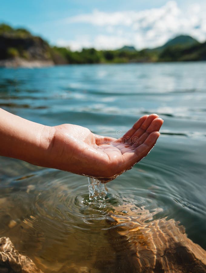 Hand holding water in pond stock photo. Image of environment - 250184856