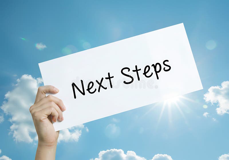 Hand Holding White Card with Next Step Text Bright Sky Stock ...