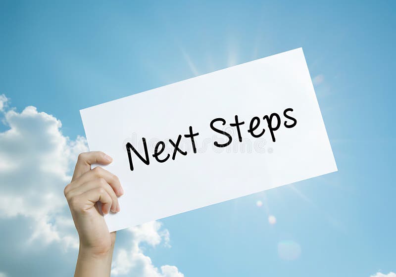 Hand Holding White Card Showing Next Step Information Sky Stock ...