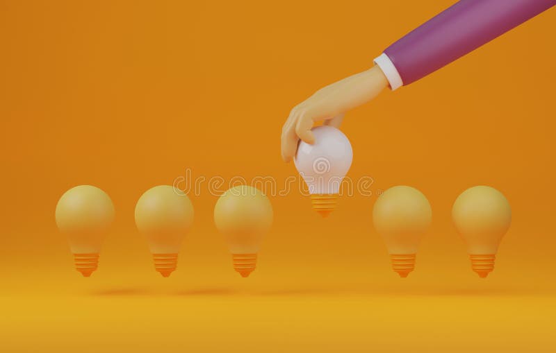 Hand Holding White Light Bulb between Yellow Light Bulbs on a Orange ...