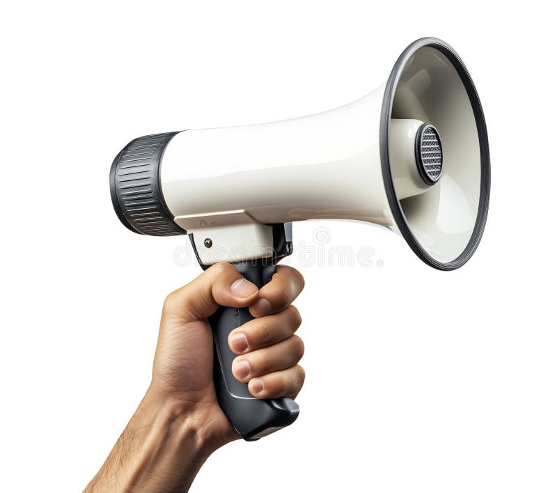 A Hand Holding a White Megaphone with a Black Handle is Isolated on a ...