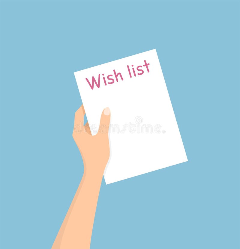A Hand Holding a White Sheet of Paper with a Wish List on a Blue ...